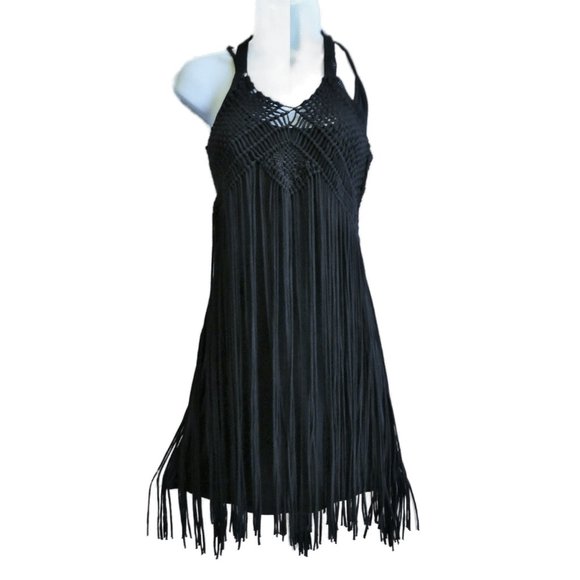 Zara | Dresses | Zara Macrame Cami Slip Black Dress Tassel Fringe Tank ...